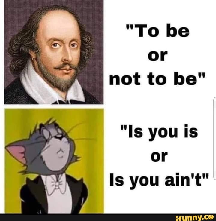 "To be or not to be" "Is you is or Is you ain't" - iFunny