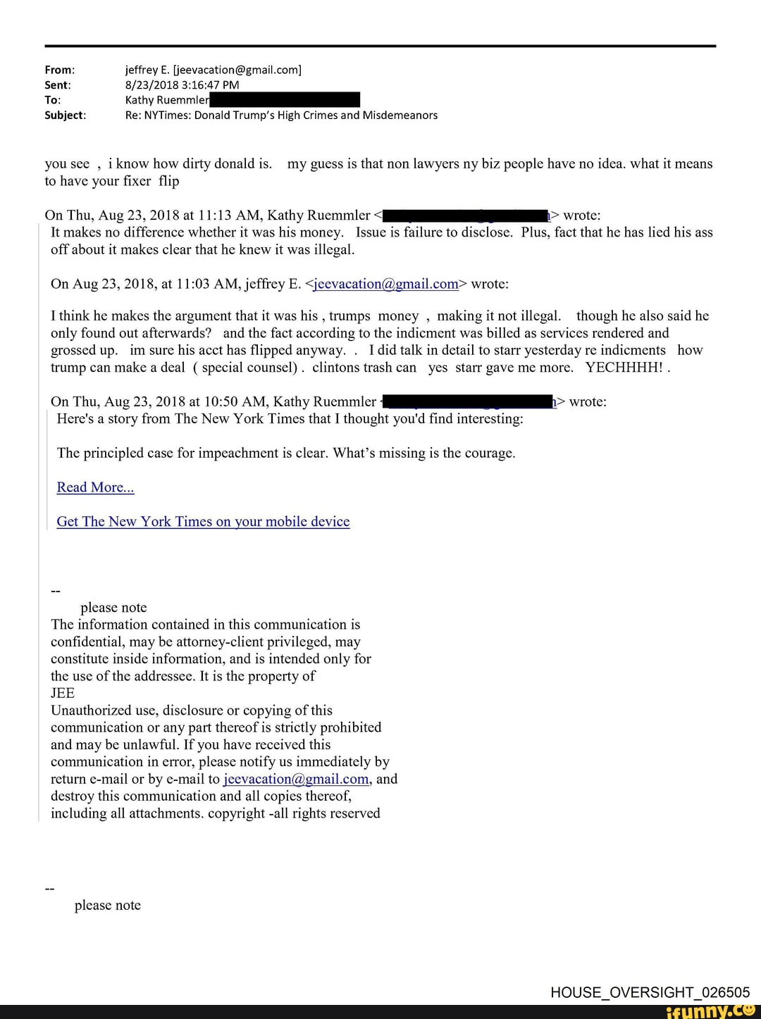 From: jeffrey E. Sent: PM. To: Kathy Ri Subject: Re: NYTimes: Donald ...