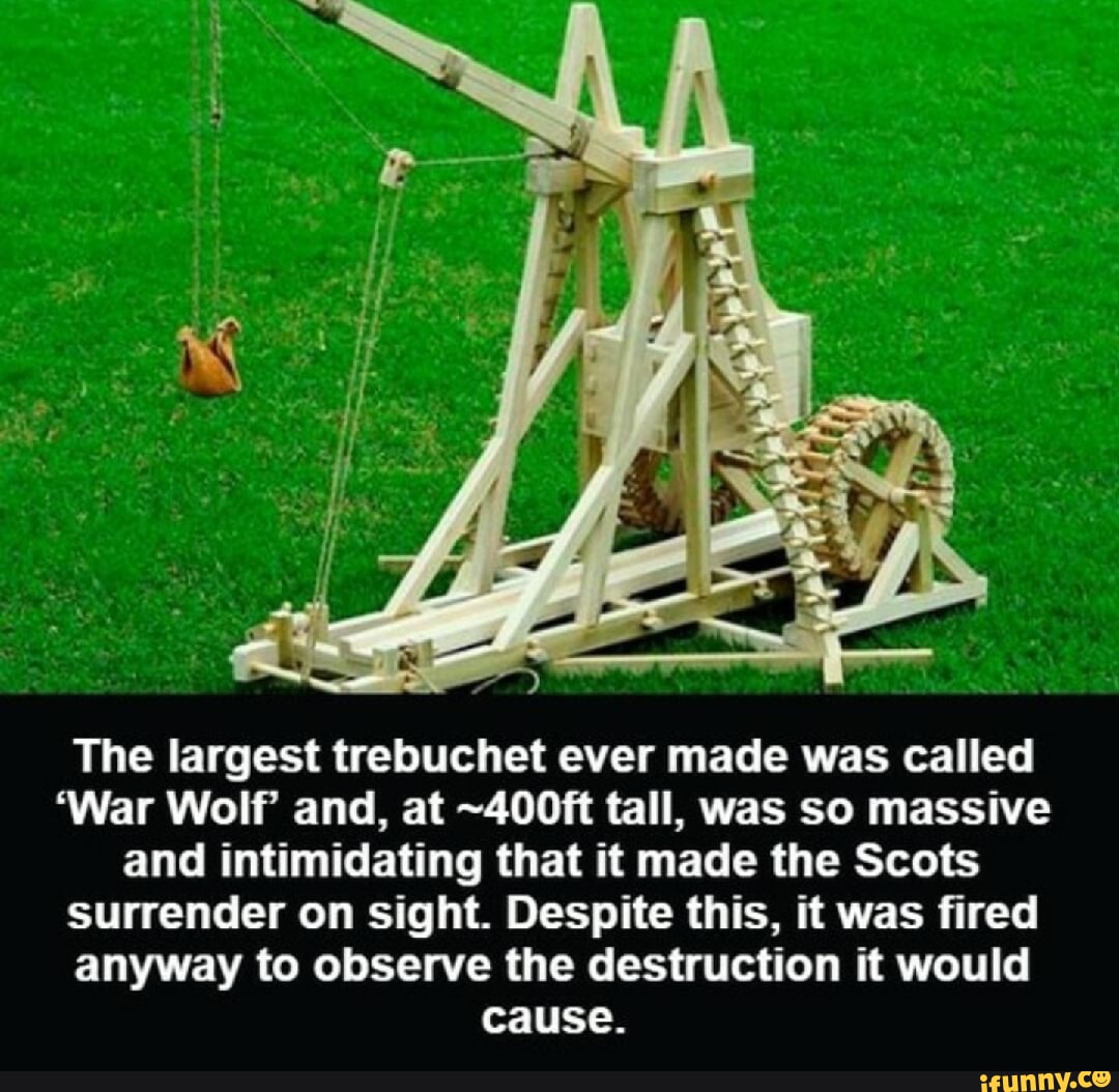 In The largest trebuchet ever made was called 'War Wolf and, at ~400ft ...