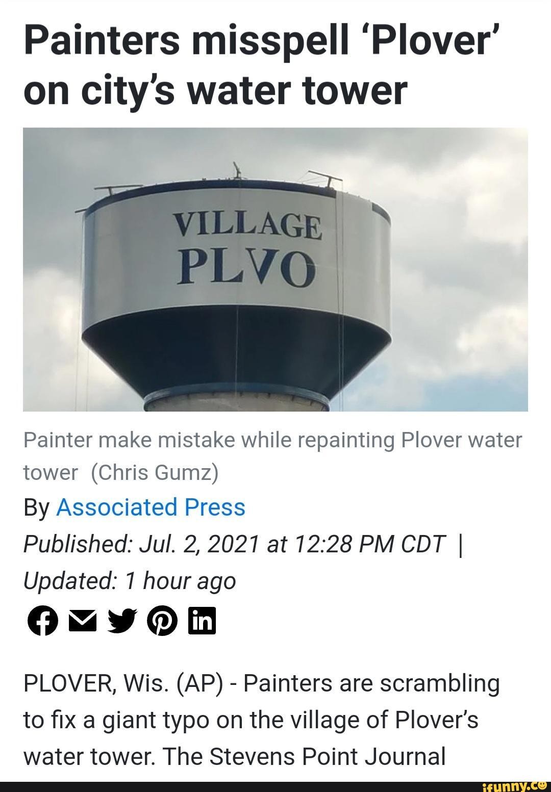 Painters misspell 'Plover' on city's water tower VILLAGE Painter make ...