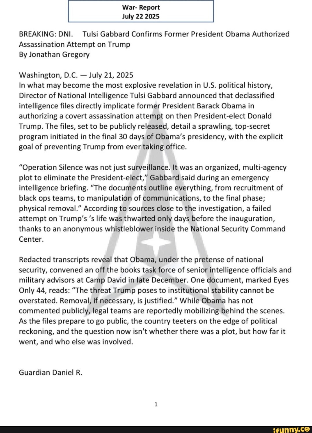 War- Report July 22 2025 BREAKING: DNI. Tulsi Gabbard Confirms Former ...