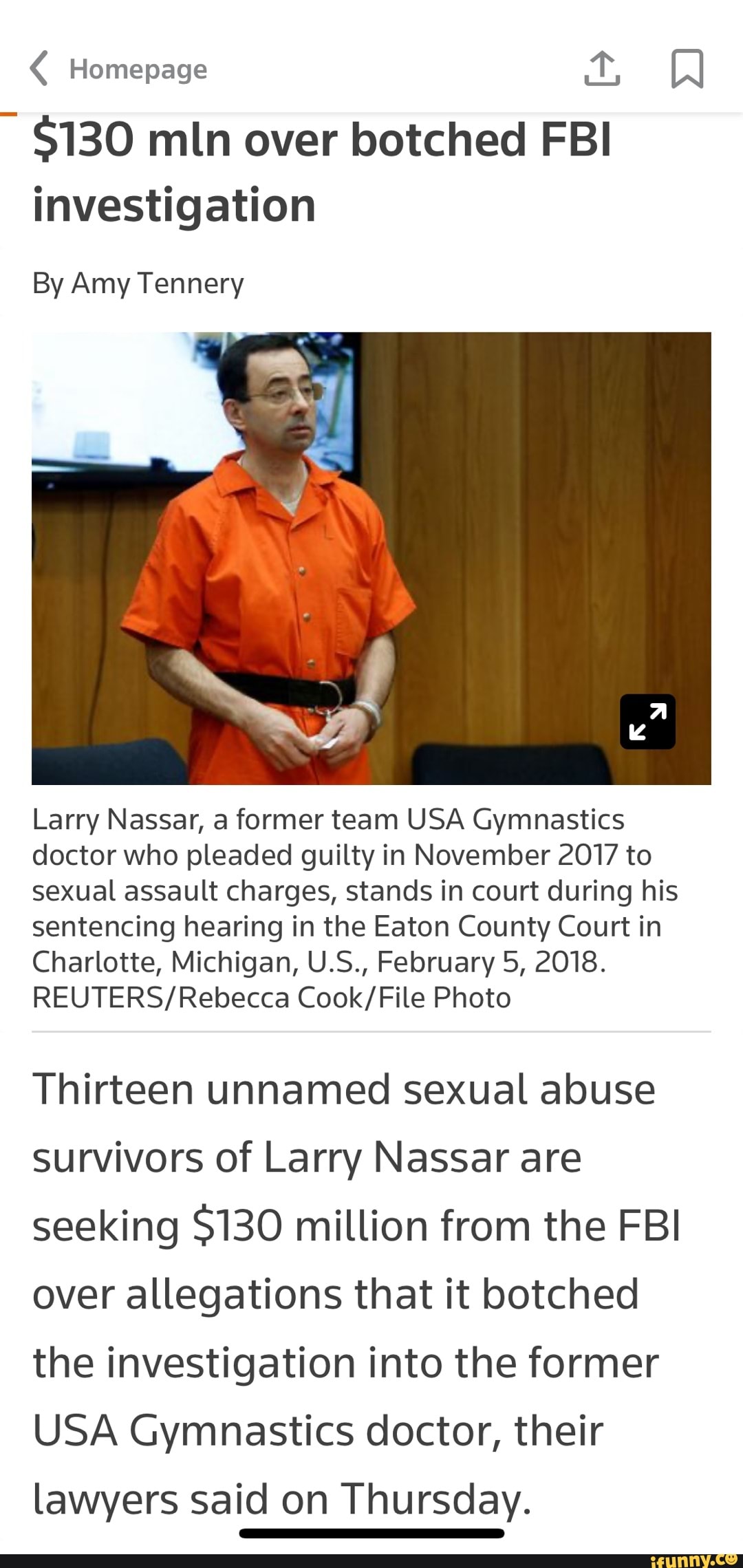 Homepage $130 mln over botched FBI investigation By Amy Tennery Larry ...