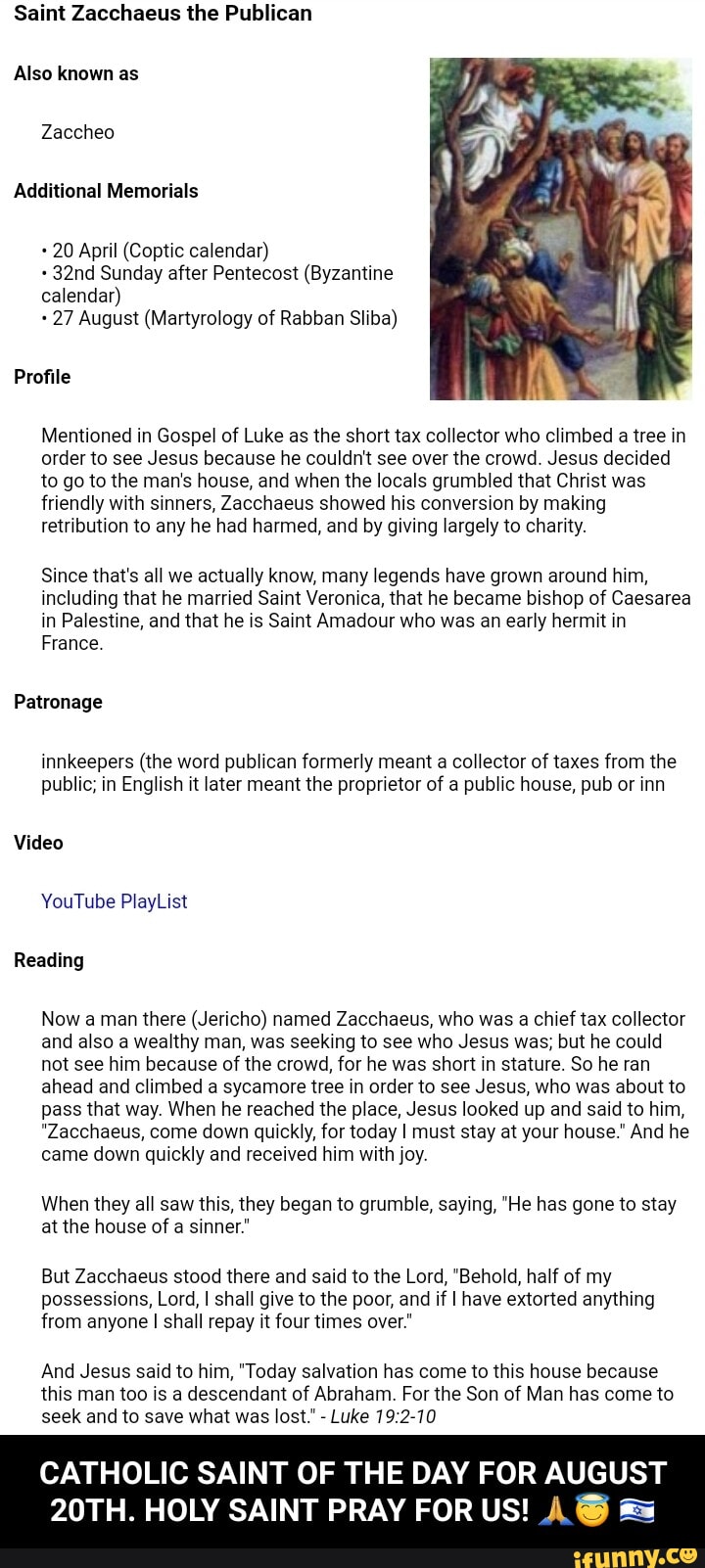 Saint Zacchaeus the Publican Also known as Zaccheo Additional Memorials ...