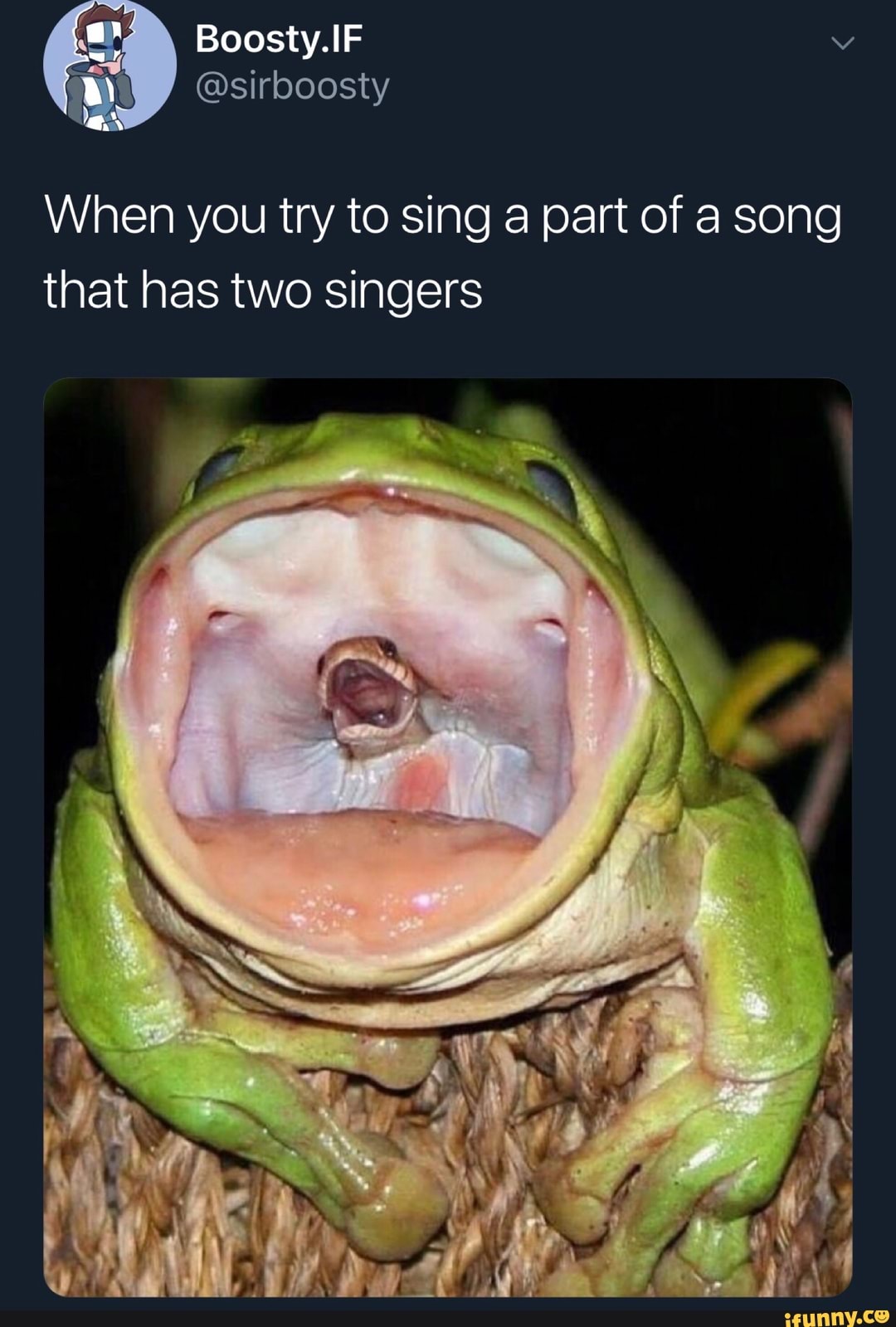 When you try to sing a part of a song that has two singers - iFunny