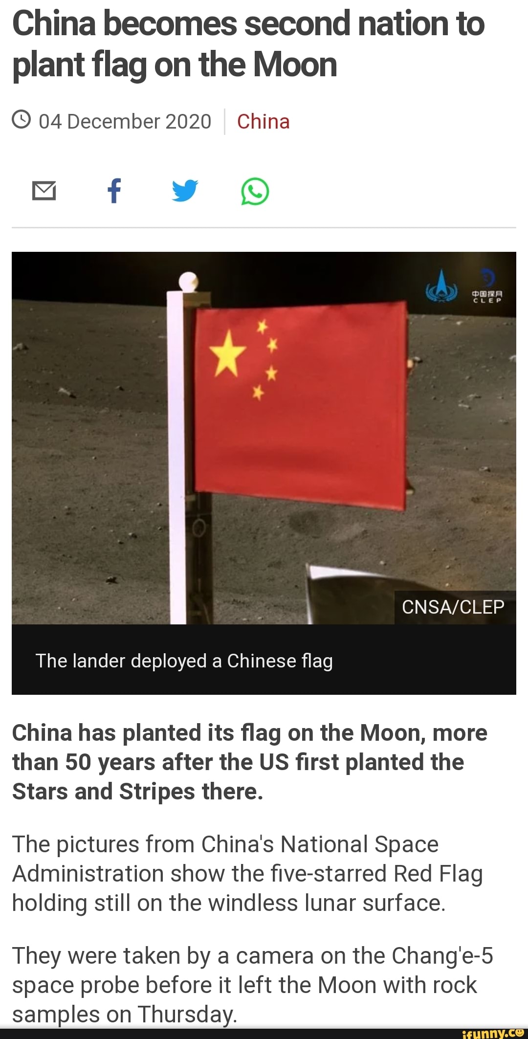 China becomes second nation to plant flag on the Moon 04 December 2020 ...