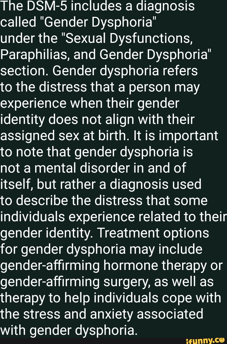 The DSM-5 includes a diagnosis called "Gender Dysphoria" under the ...