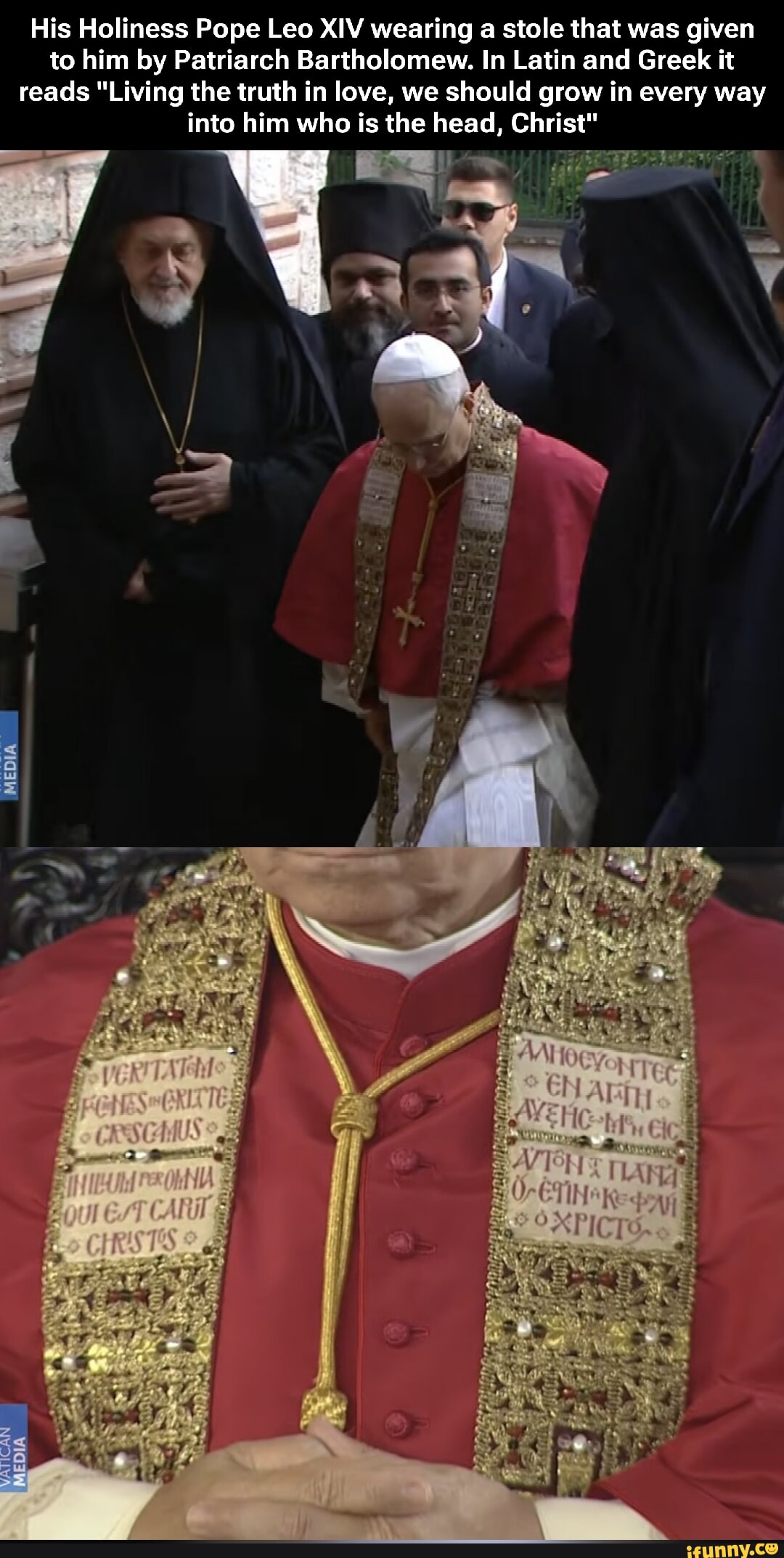 His Holiness Pope Leo XIV wearing a stole that was given to him by ...