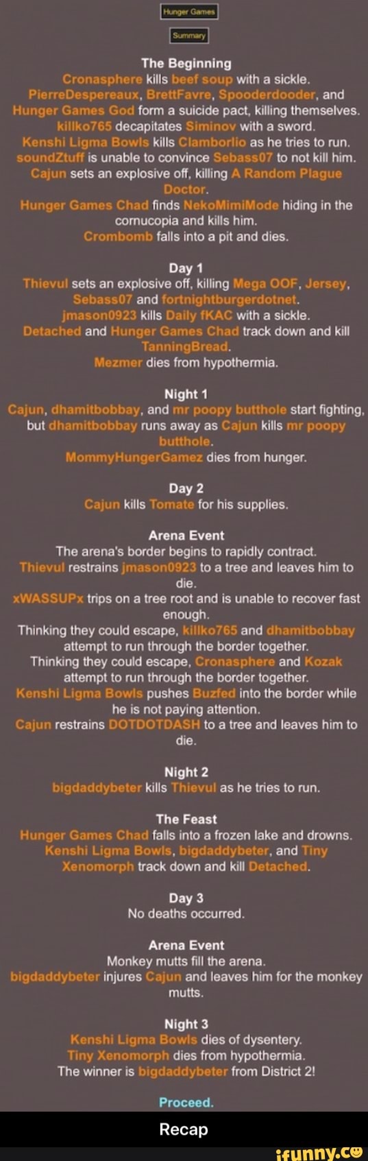 The Beginning Cronasphere kills beef soup with a sickle. Hunger Games ...