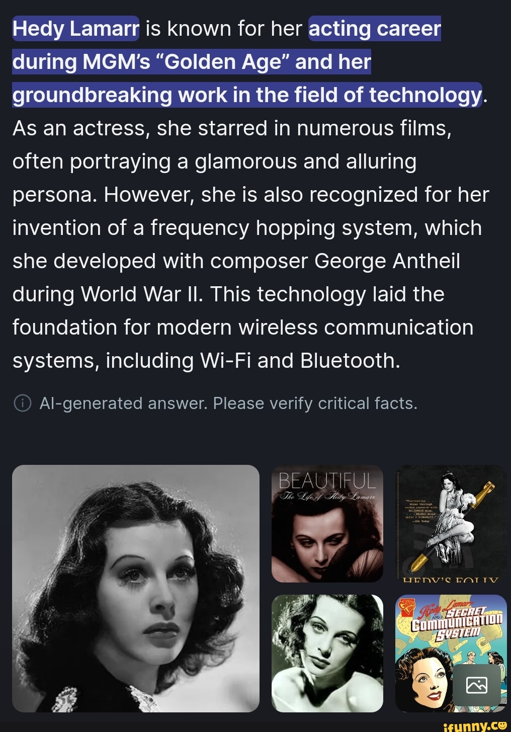 Hedy Lamarr is known for her acting career during MGM's "Golden Age ...