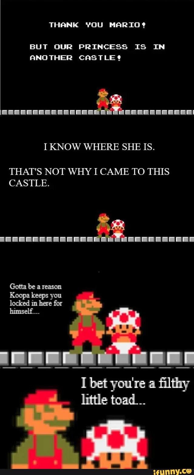 THANK YOU MARIO? BUT OUR PRINCESS IS IN ANOTHER CASTLE? KNOW WHERE SHE IS. THAT'S NOT WHY I CAME ...