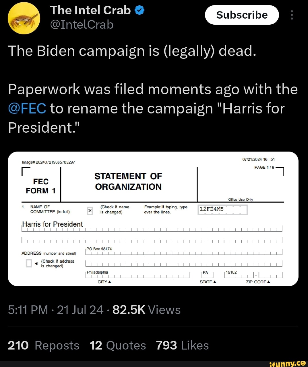 The Intel Crab @ Subscrib @IntelCrab The Biden campaign is (legally ...