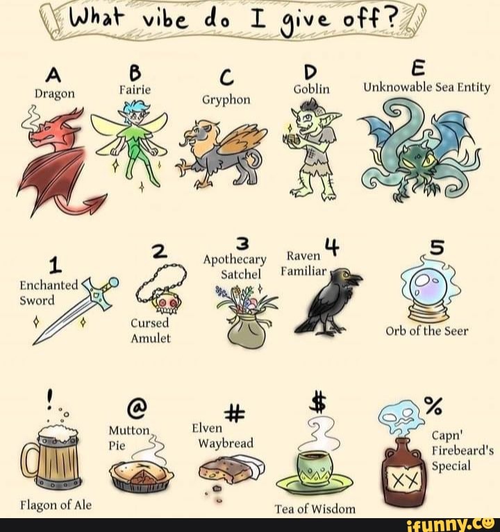 Enchanted Sword Cursed Amulet Mutton Pie Flagon of Ale What vibe do I ...