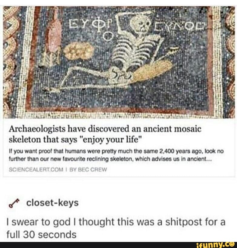 Archaeologists have dosis an ancient mosaic skeleton that says "enjoy ...