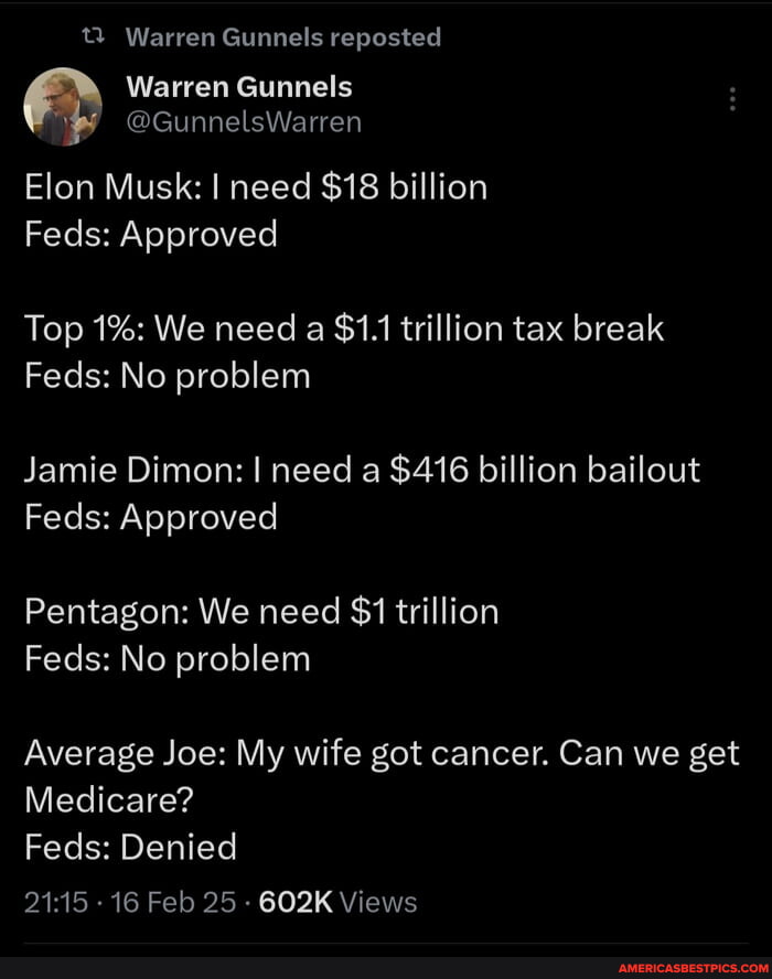 Warren Gunnels reposted Warren Gunnels @GunnelsWarren Elon Musk: I need ...