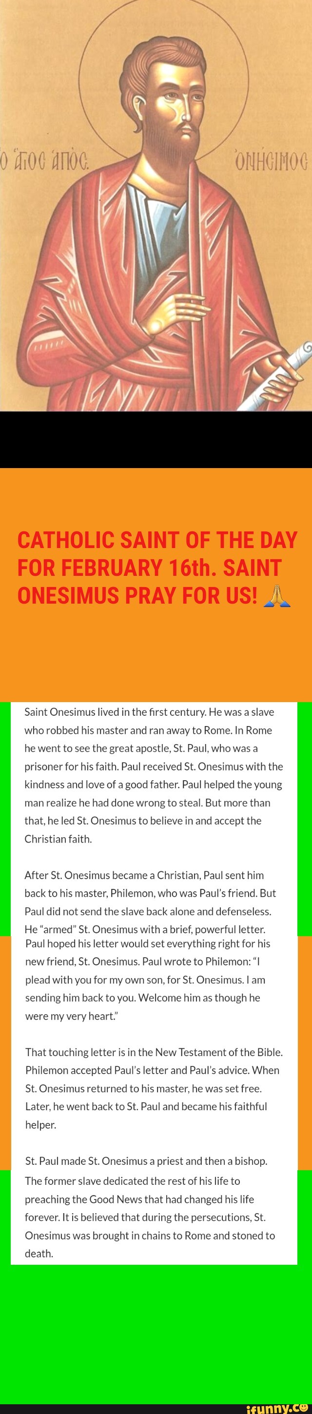 SAINT OF THE DAY FOR FEBRUARY SAINT ONESIMUS PRAY FOR Saint Onesimus ...