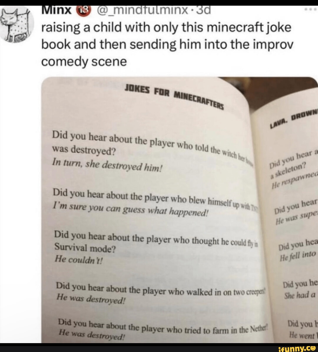 Inx @ minaTuLminx: I, raising a child with only this minecraft joke ...