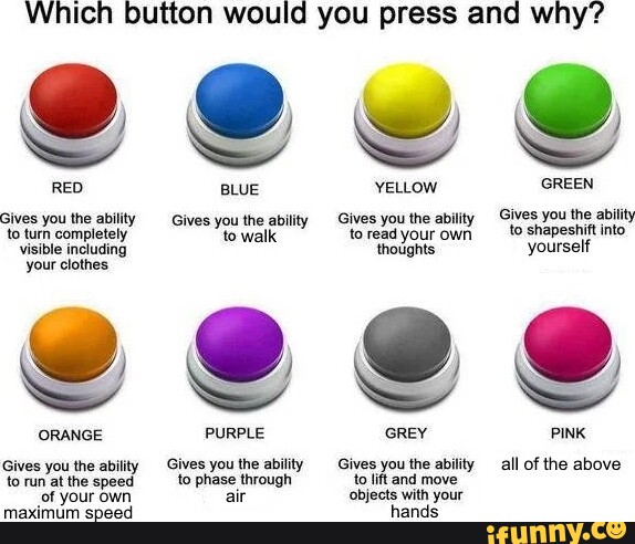 Which button would you press and why? RED, BLUE YELLOW GREEN lity Gives ...