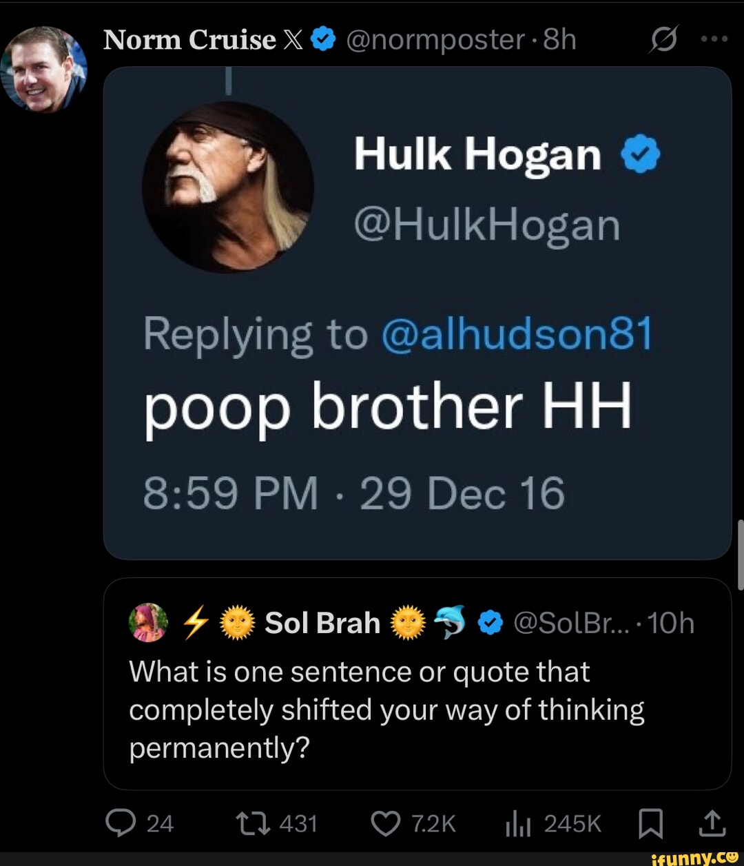 Norm Cruise X @ "enormposter eve Hulk Hogan @ @HulkHogan Replying to ...