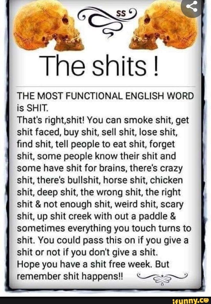 The shits THE MOST FUNCTIONAL ENGLISH WORD is SHIT. That's right, shit ...