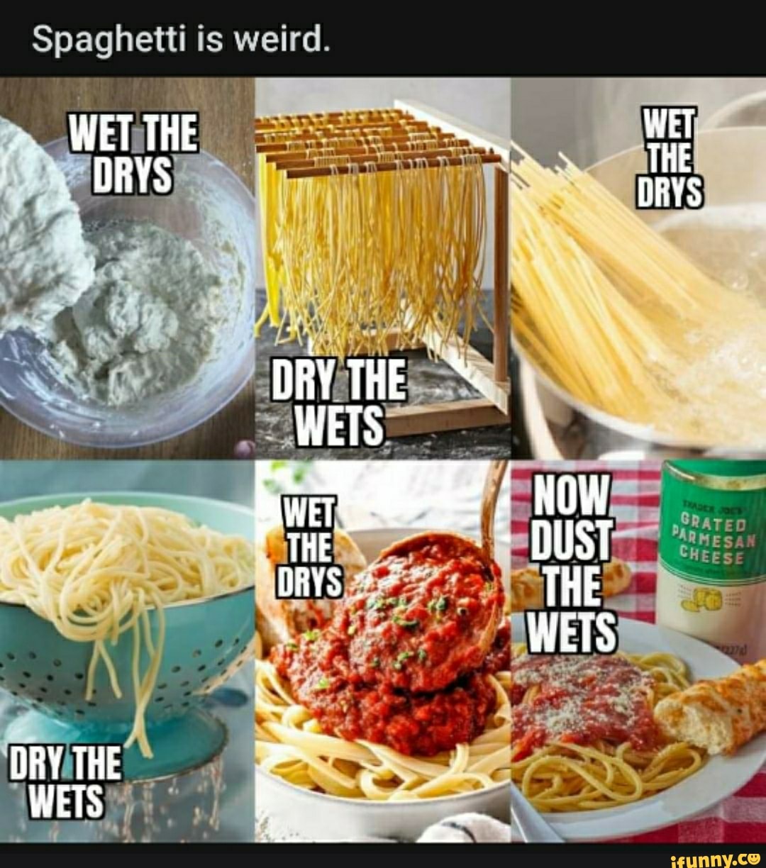 Spaghetti is weird. WET THE DRYS DRY THE WETS =NOW, THE DUST ORYS THE ...