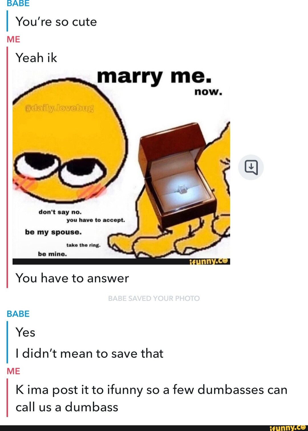 BABE You're so cute ME Yeah ik marry me. now. don't say no. you have to ...