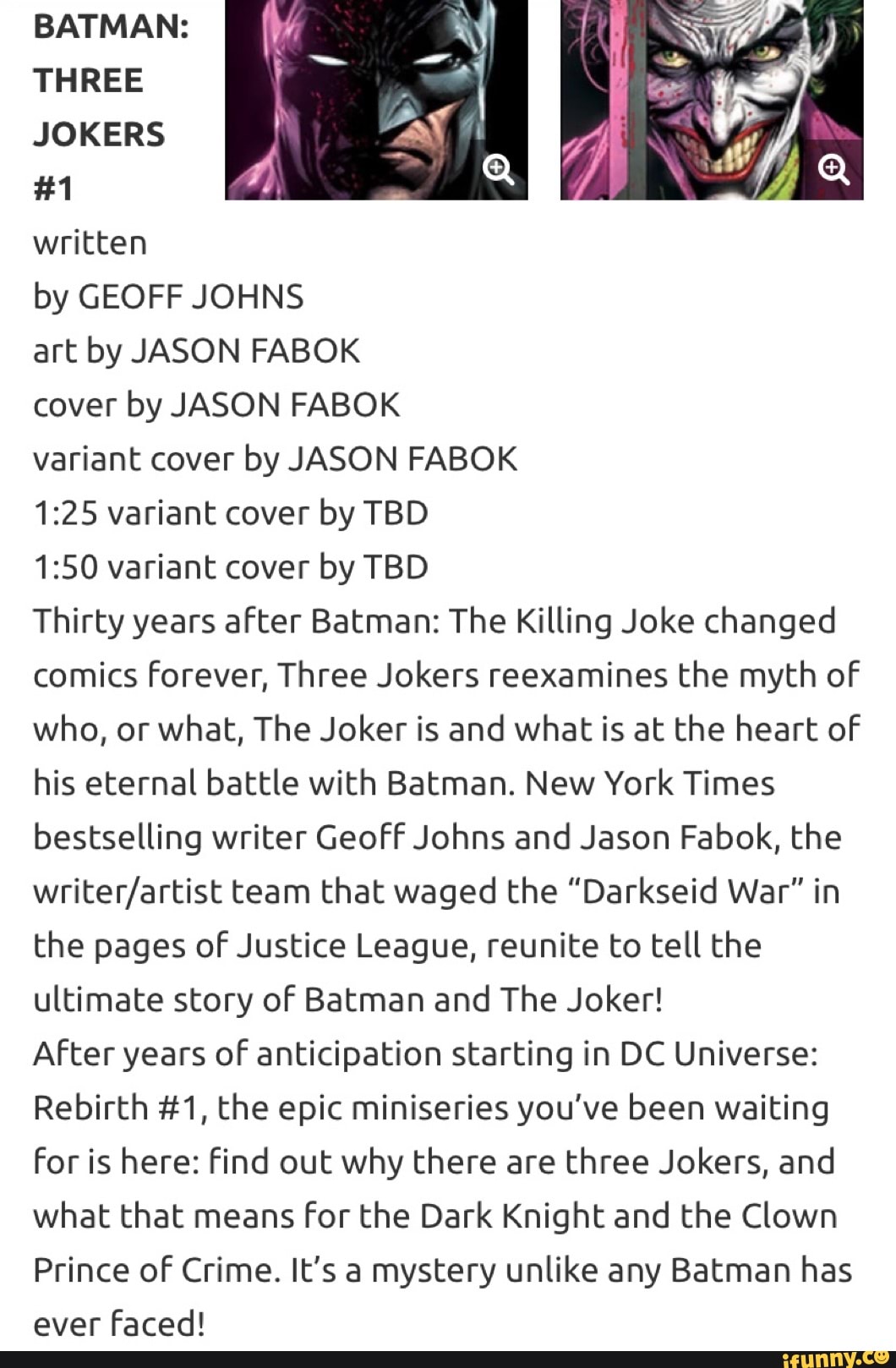 BATMAN: THREE JOKERS written by GEOFF JOHNS art by JASON FABOK cover by ...