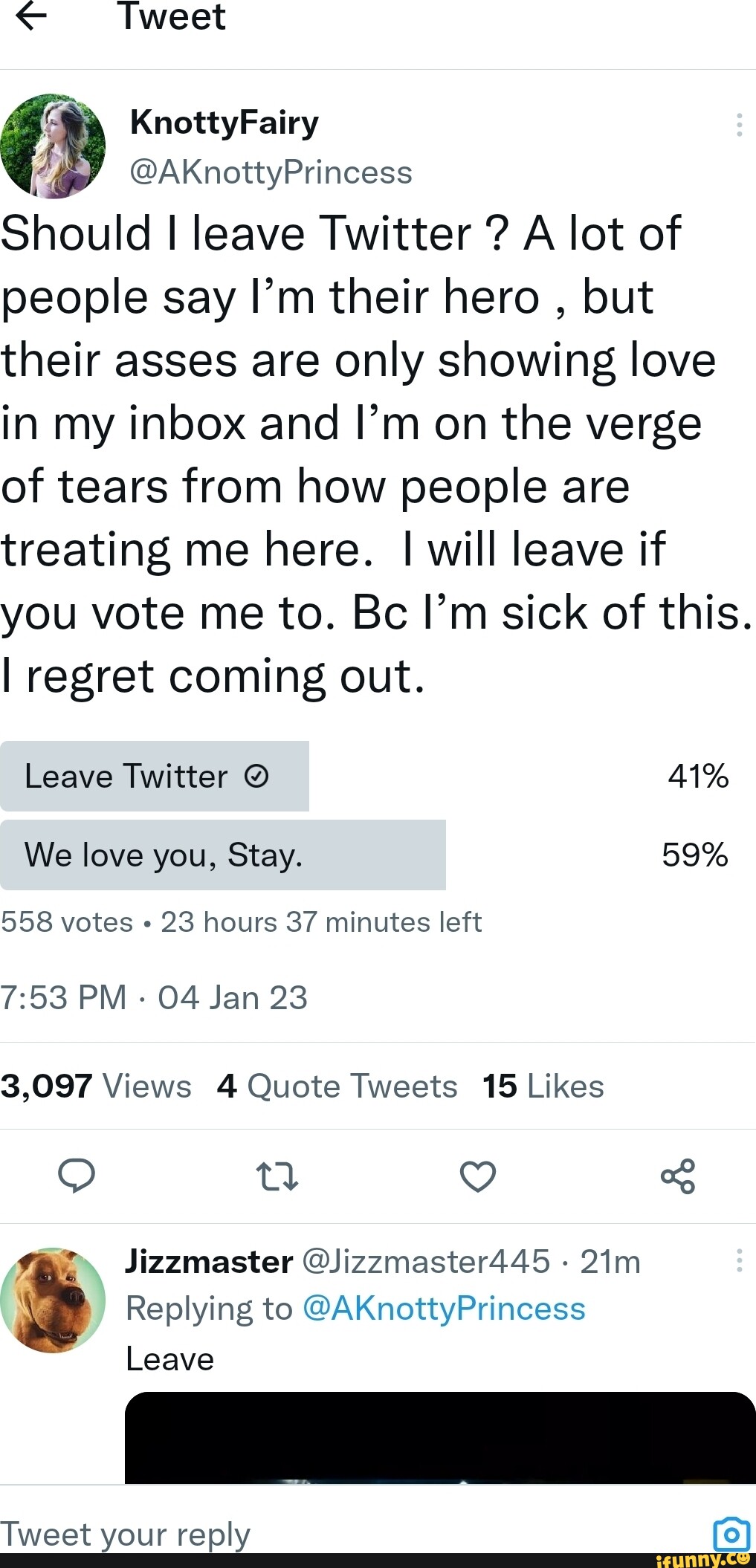 Tweet KnottyFairy @AKnottyPrincess Should I leave Twitter ? A lot of ...