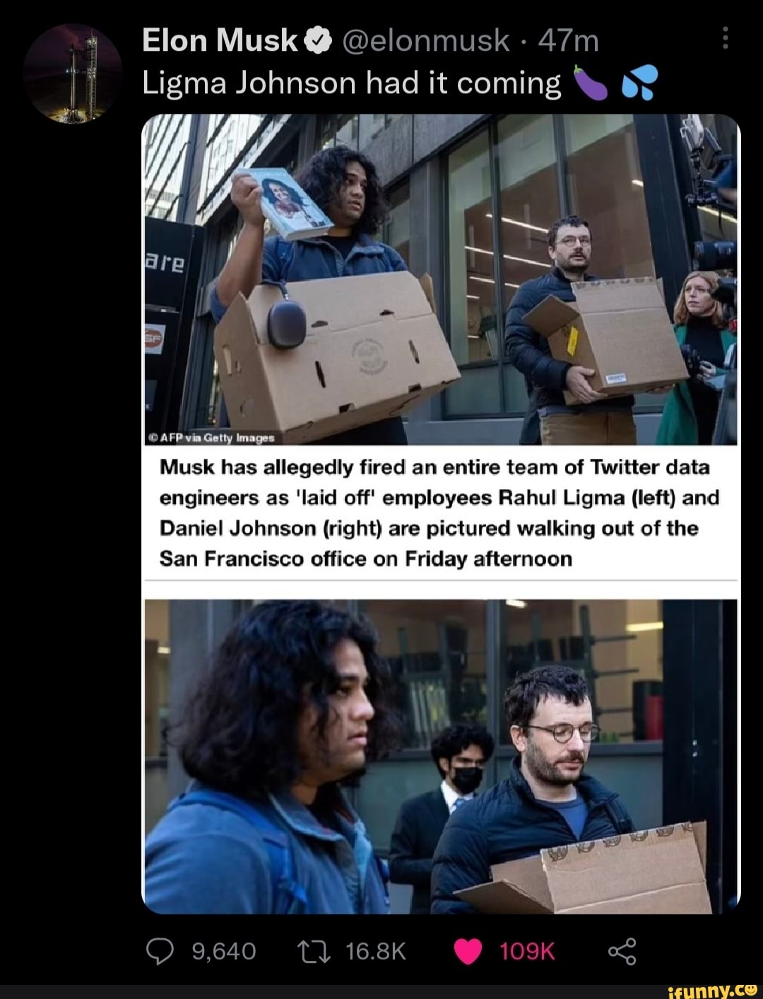 Elon Musk @ @elonmusk Ligma Johnson had it coming Musk has allegedly ...