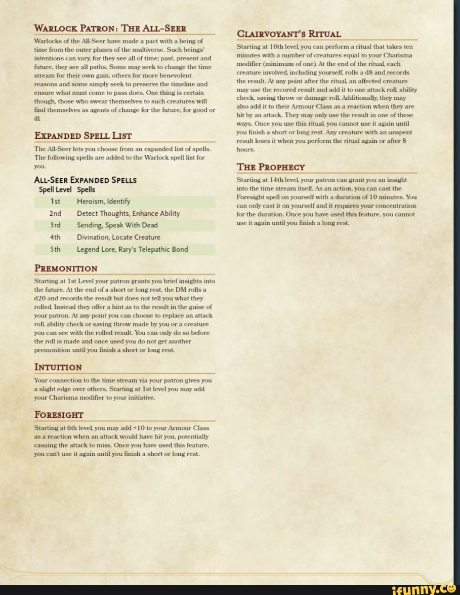 WARLOCK PaTRON: THE ALL-SEER Warlocks of the All'Seer have made a pact ...