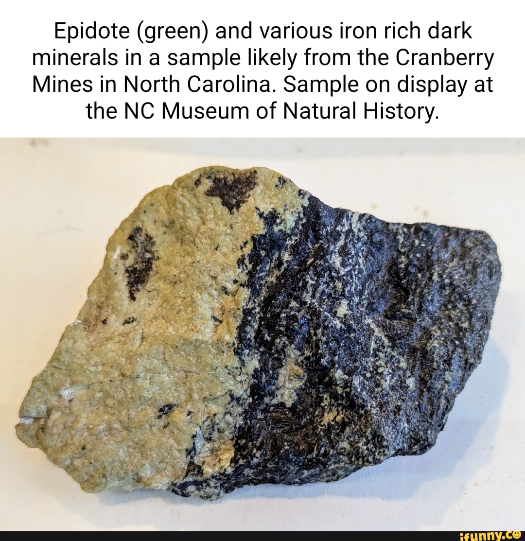 Epidote (green) and various iron rich dark minerals in a sample likely ...