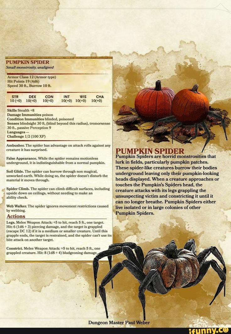 PUMPKIN SPIDER 'Small monstrosity, unaligned 'Armor Class 12 (Armor ...