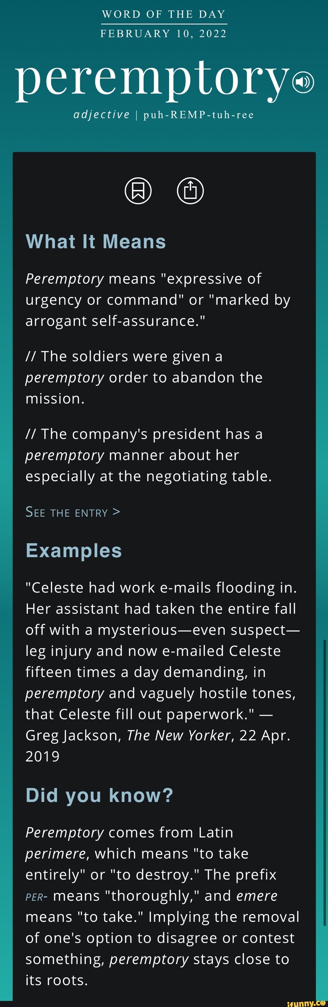WORD OF THE DAY FEBRUARY 10, 2022 peremptorye adjective I puh-REMP-tuh ...