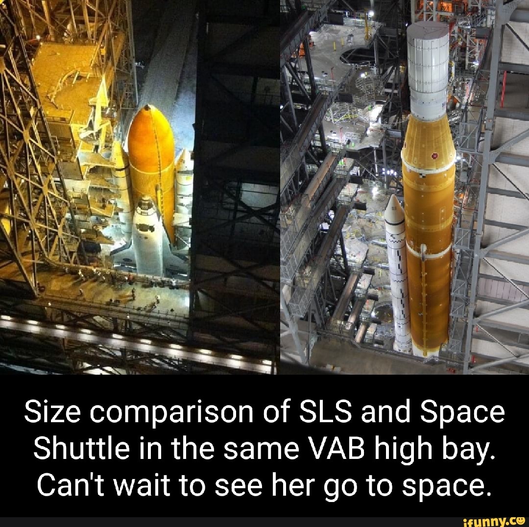 Size comparison of SLS and Space Shuttle in the same VAB high bay. Can ...