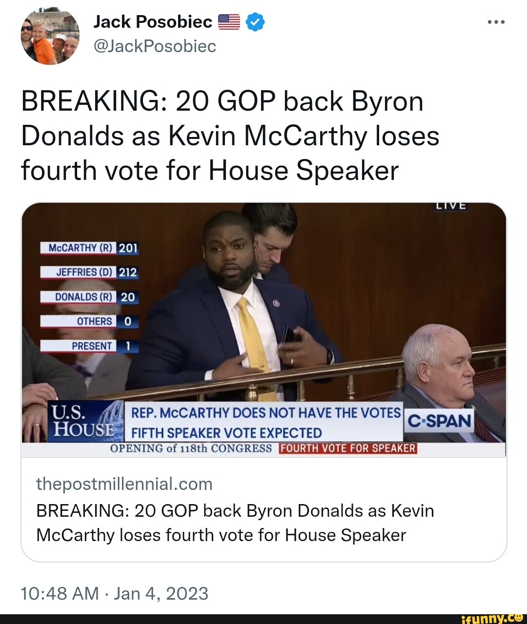 Jack ES BREAKING: 20 GOP back Byron Donalds as Kevin McCarthy loses fourth vote for House ...