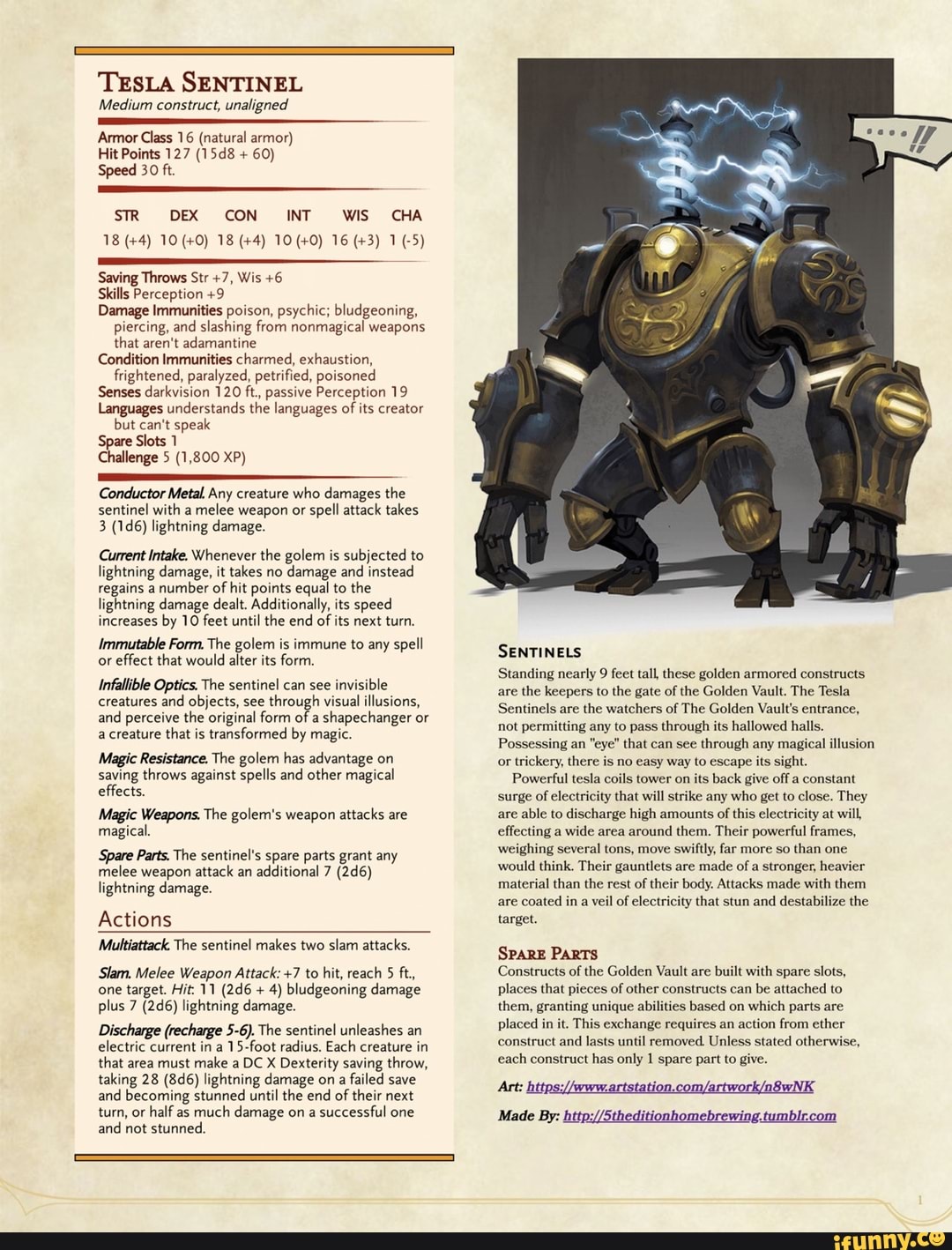 TESLA SENTINEL Medium construct, unaligned Armor Class 16 (natural ...