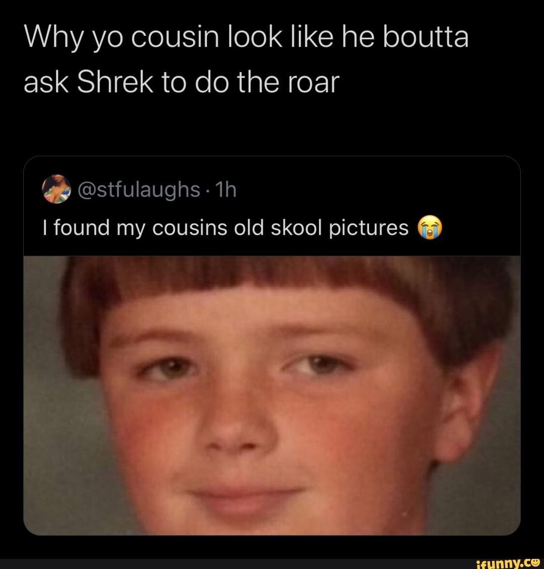 Why yo cousin look like he boutta ask Shrek to do the roar lfound my ...