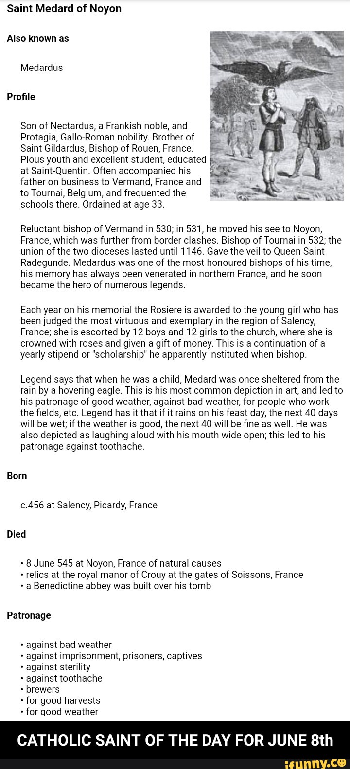 Saint Medard of Noyon Also known as Medardus Profile Son of Nectardus ...