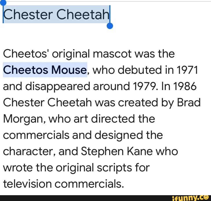 Chester Cheetah I Cheetos' original mascot was the Cheetos Mouse, who ...
