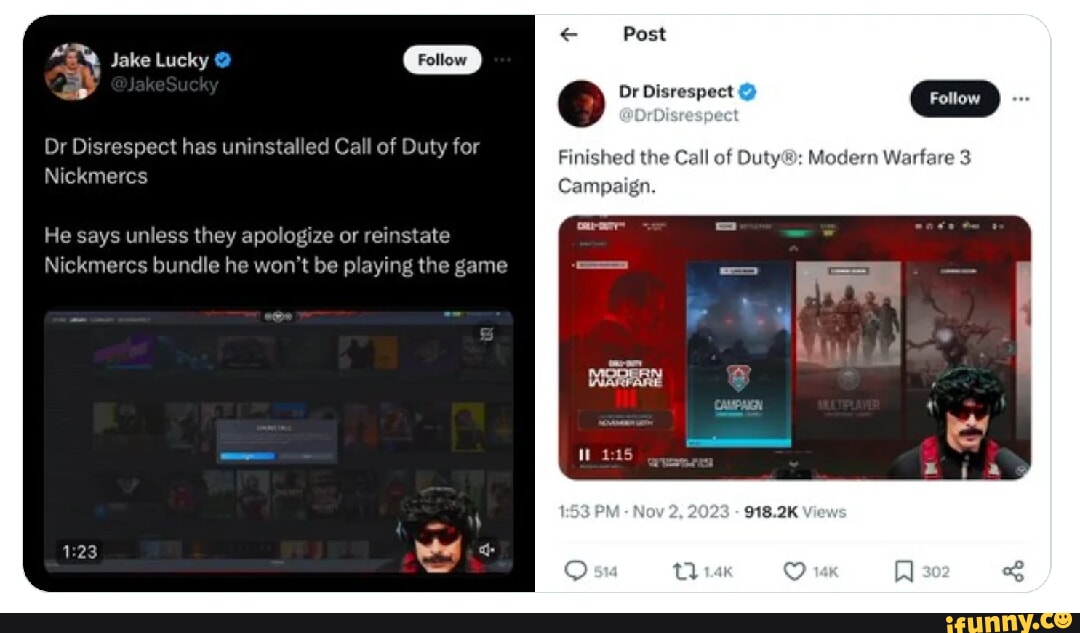 Follow Jake Lucky Nickmercs Dr Disrespect has uninstalled Call of Duty ...