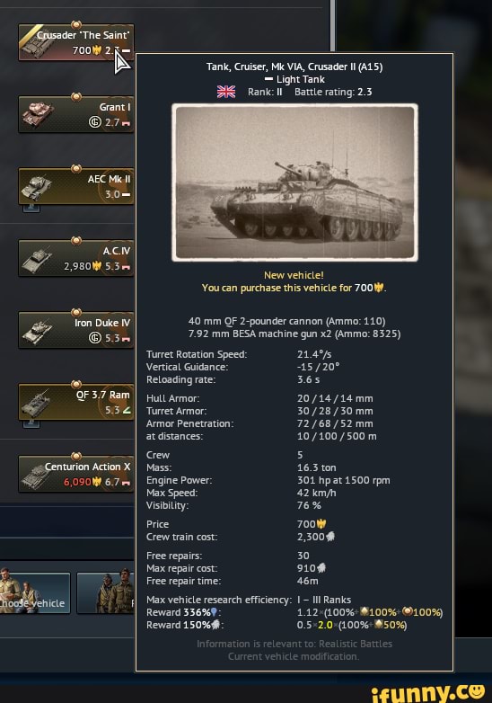 Tank, Cruiser, Mk VIA, Crusader Light Tanke Rank: Battle rating: 2.5 ...