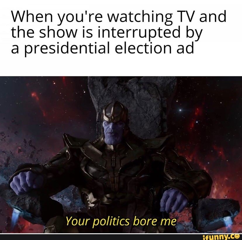 When you're watching TV and the show is interrupted by presidential election ad 4, Your politics ...