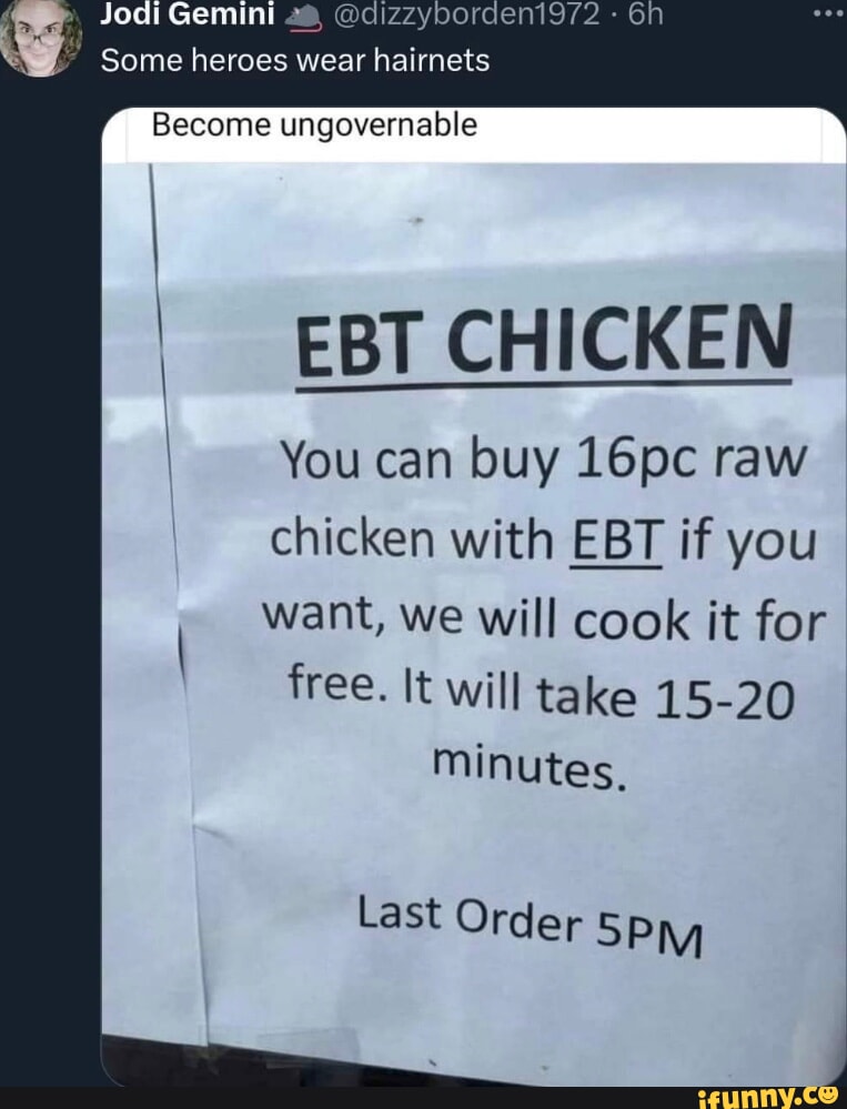 Jodi Gemini Some heroes wear hairnets Become ungovernable I EBT CHICKEN ...