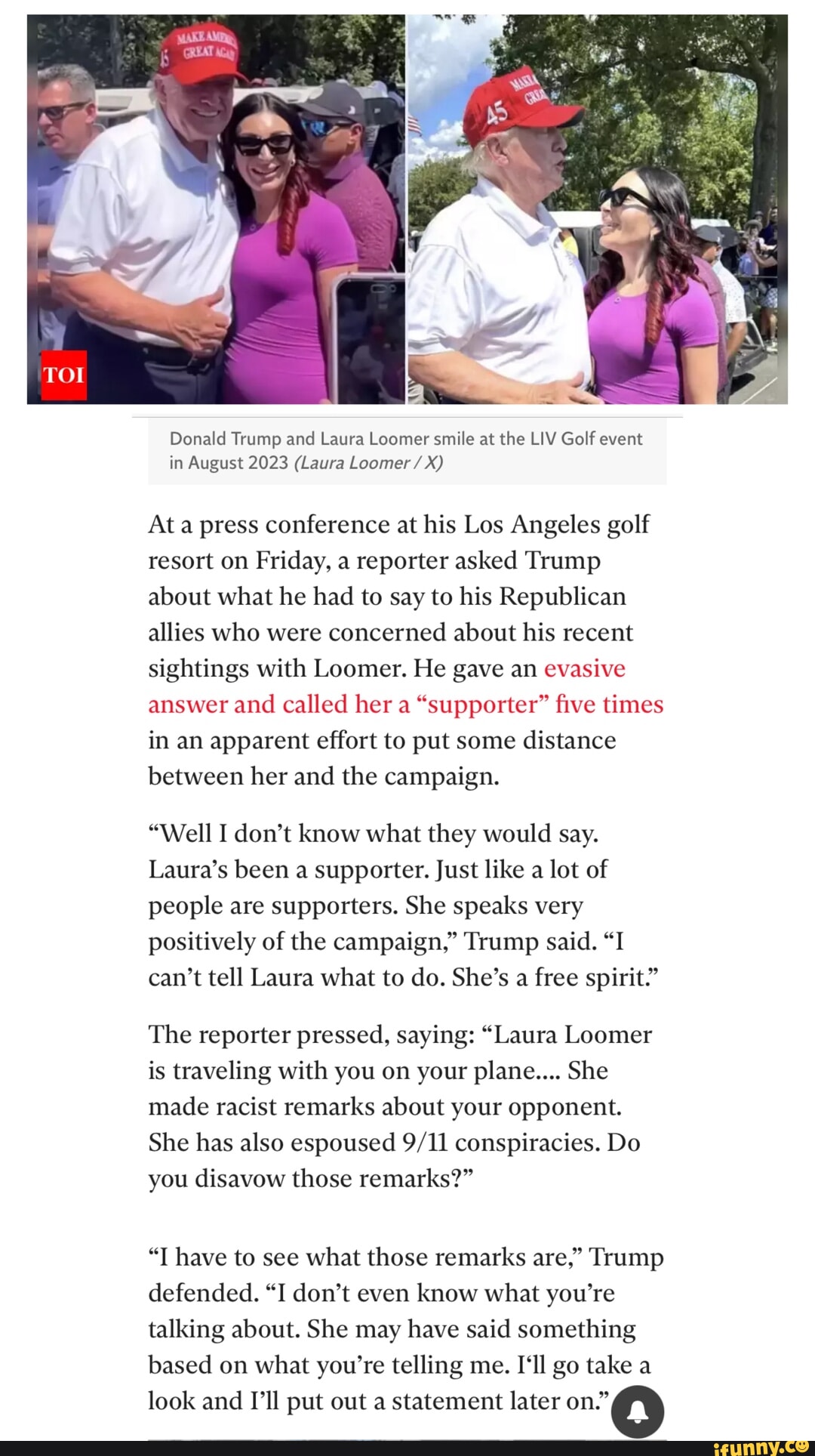 Donald Trump and Laura Loomer smile at the LIV Golf event in August ...