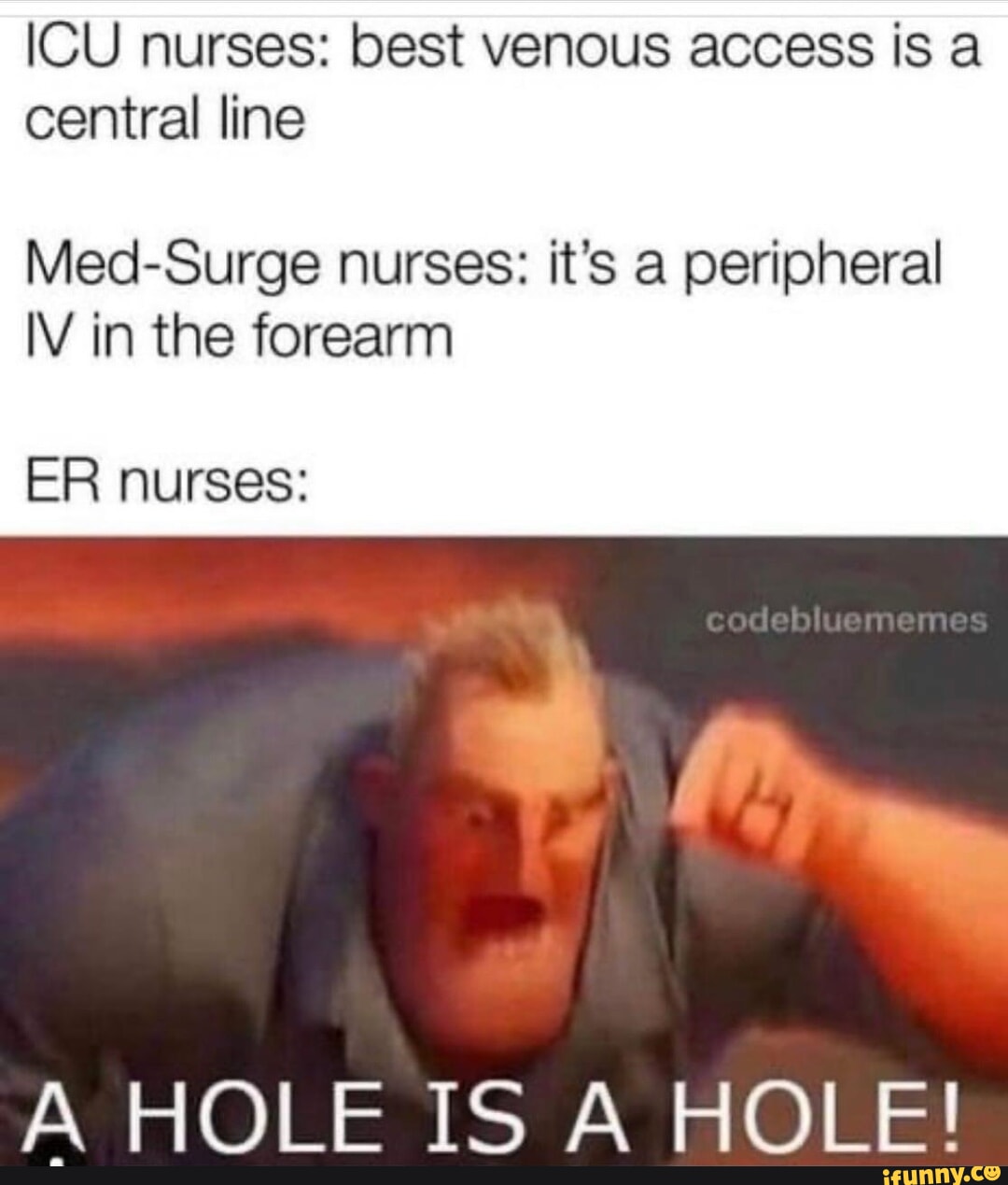 ICU nurses: best venous access is a central line Med-Surge nurses: it's a peripheral IV in the ...