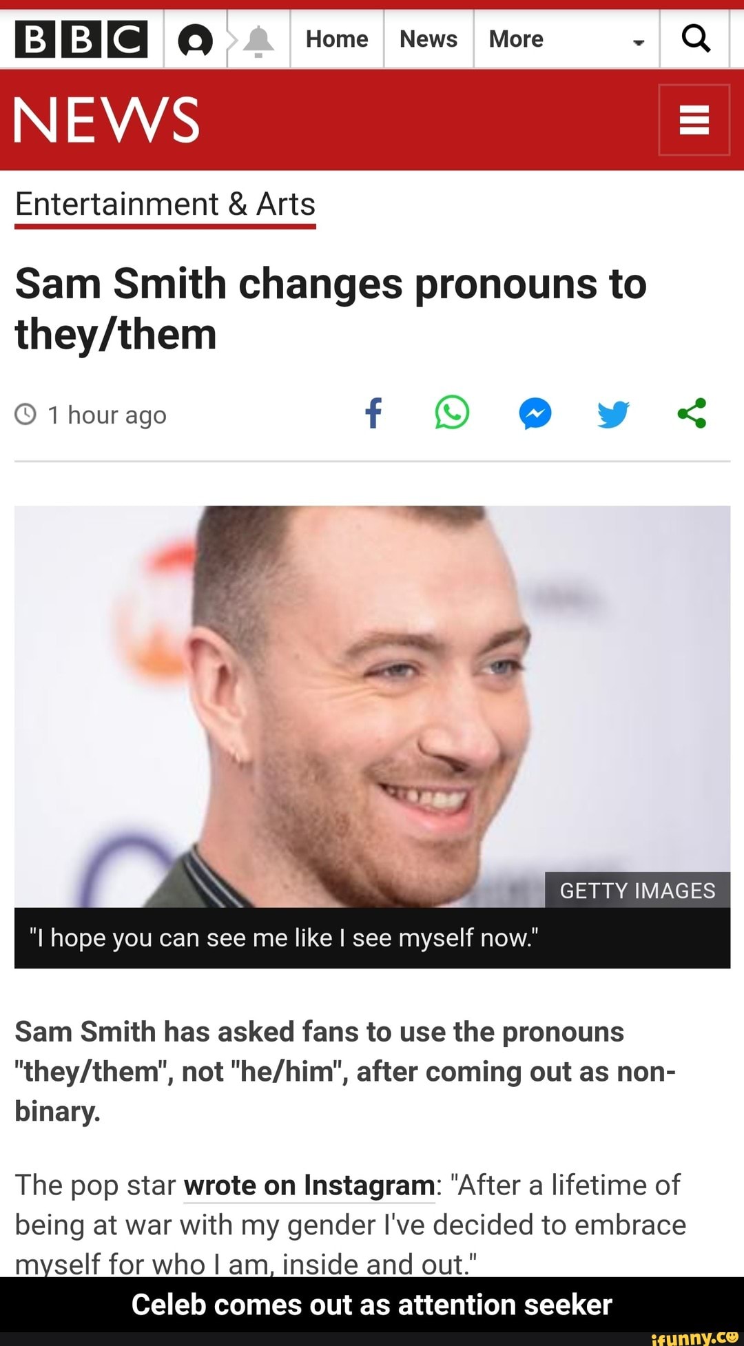 NEWS Entertainment & Arts Sam Smith changes pronouns to they/them Sam ...