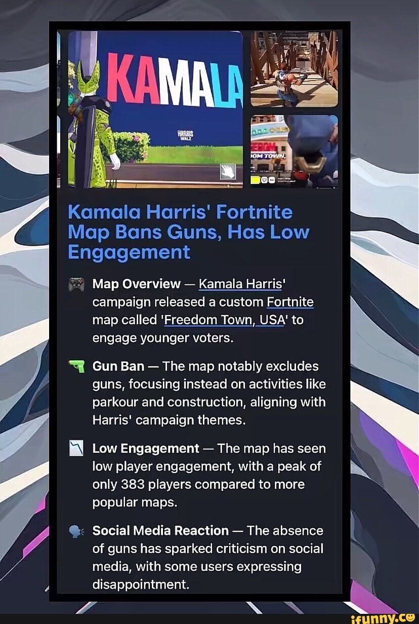 Kamala Harris' Fortnite Map Bans Guns, Has Low Engagement Map Overview - Kamala Harris' campaign ...