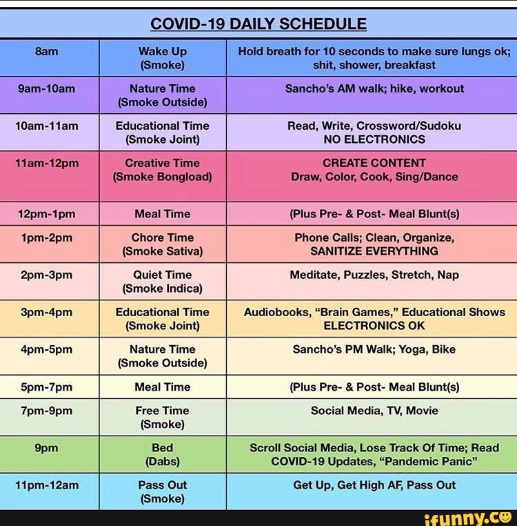 COVID-19 DAILY SCHEDULE 8am Wake Up Hold breath for 10 seconds to make ...