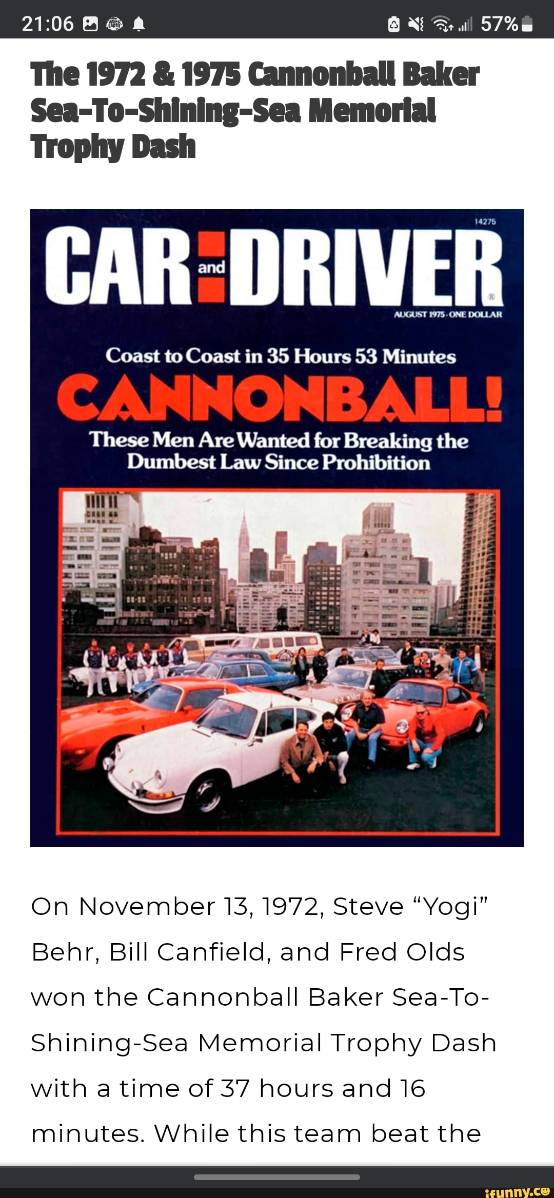 Ll The 1972 & 1975 Cannonball Baker Sea-To-Shining-Sea Memorial Trophy ...