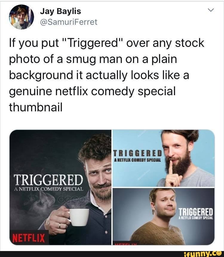 N If you put "Triggered" over any stock photo of a smug man on a plain ...