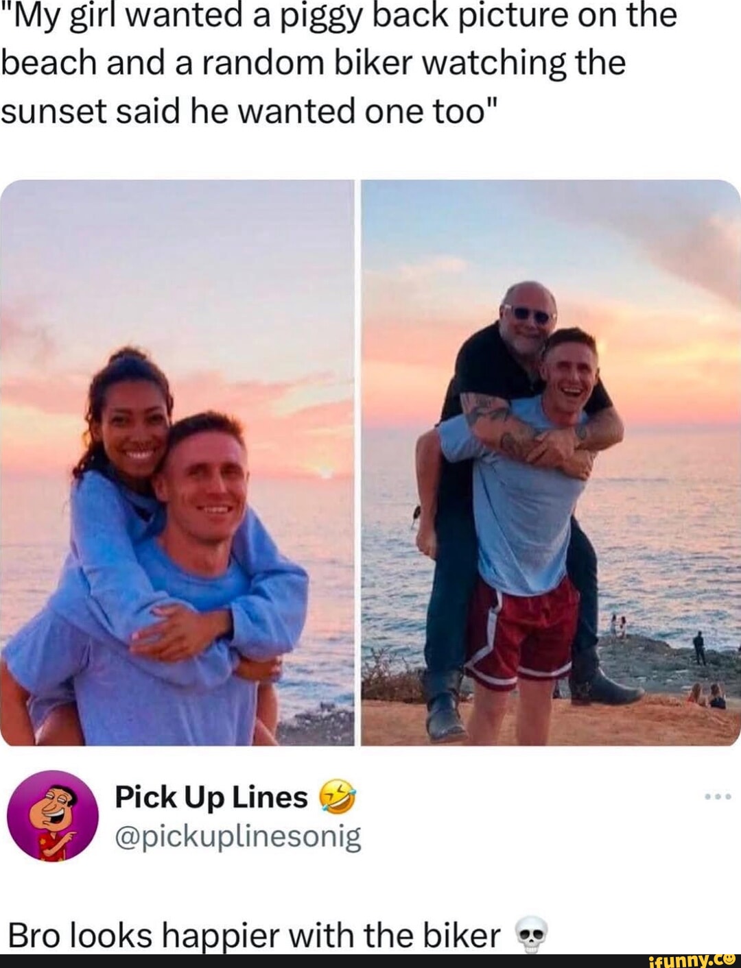 'My girl wanted a piggy back picture on the beach and a random biker ...